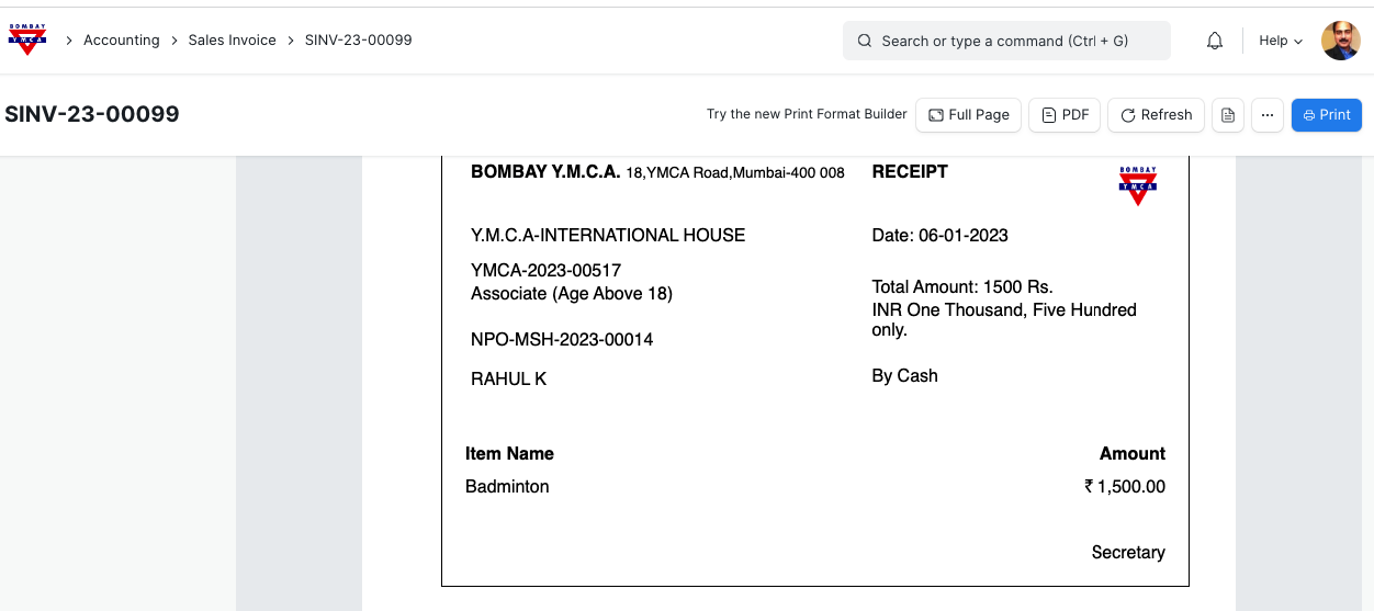 Bombay YMCA - Activity Creation, Activity Pricing and Activity Receipts
